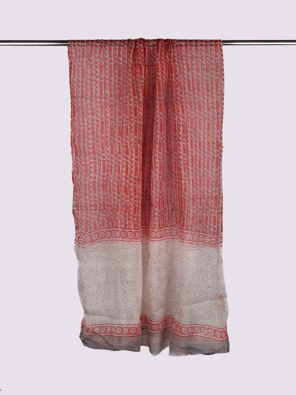 Red & Grey Jaggered Stripes Hand Block Printed Pattern Kota Doria Dupa