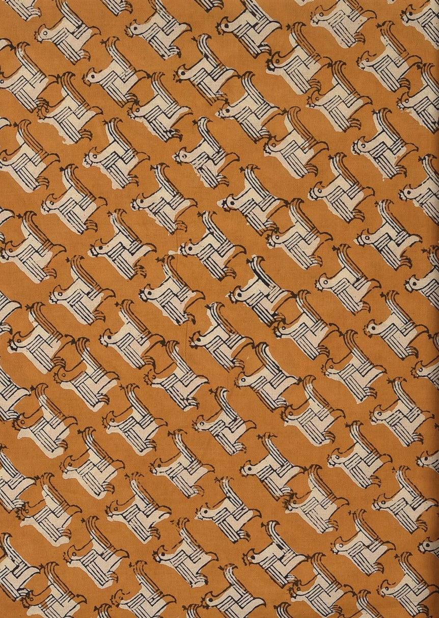 Bagru Natural Colour Yellow Swastik Peacock Animal Pattern Cotton Camb