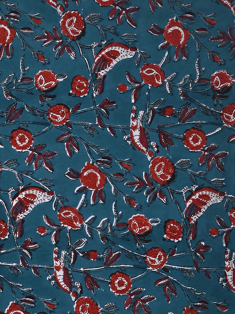 Teal Blue Chidiya Jaal Pattern Cotton Cambric Sanganeri Hand Block Pri