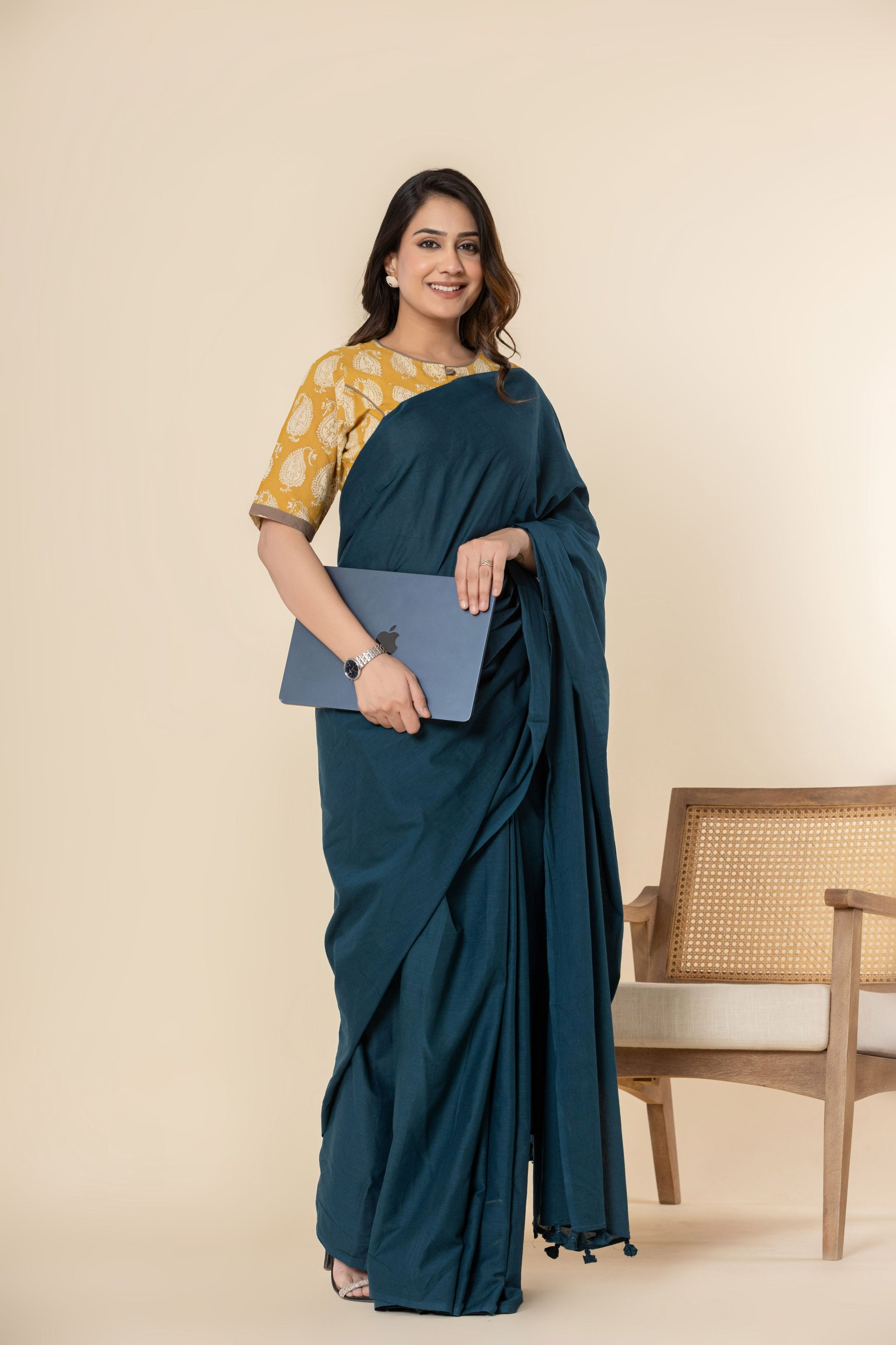 Night-time Blue Plain Dyed Mul Mul Cotton Saree with Tassels (without