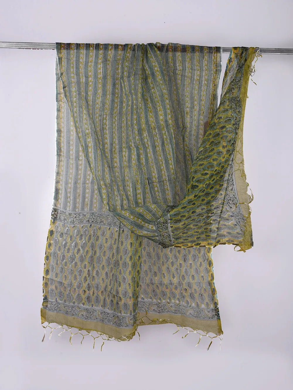 Hariyali Green Hand Block Printed Parcha Border Kota Doria Dupatta