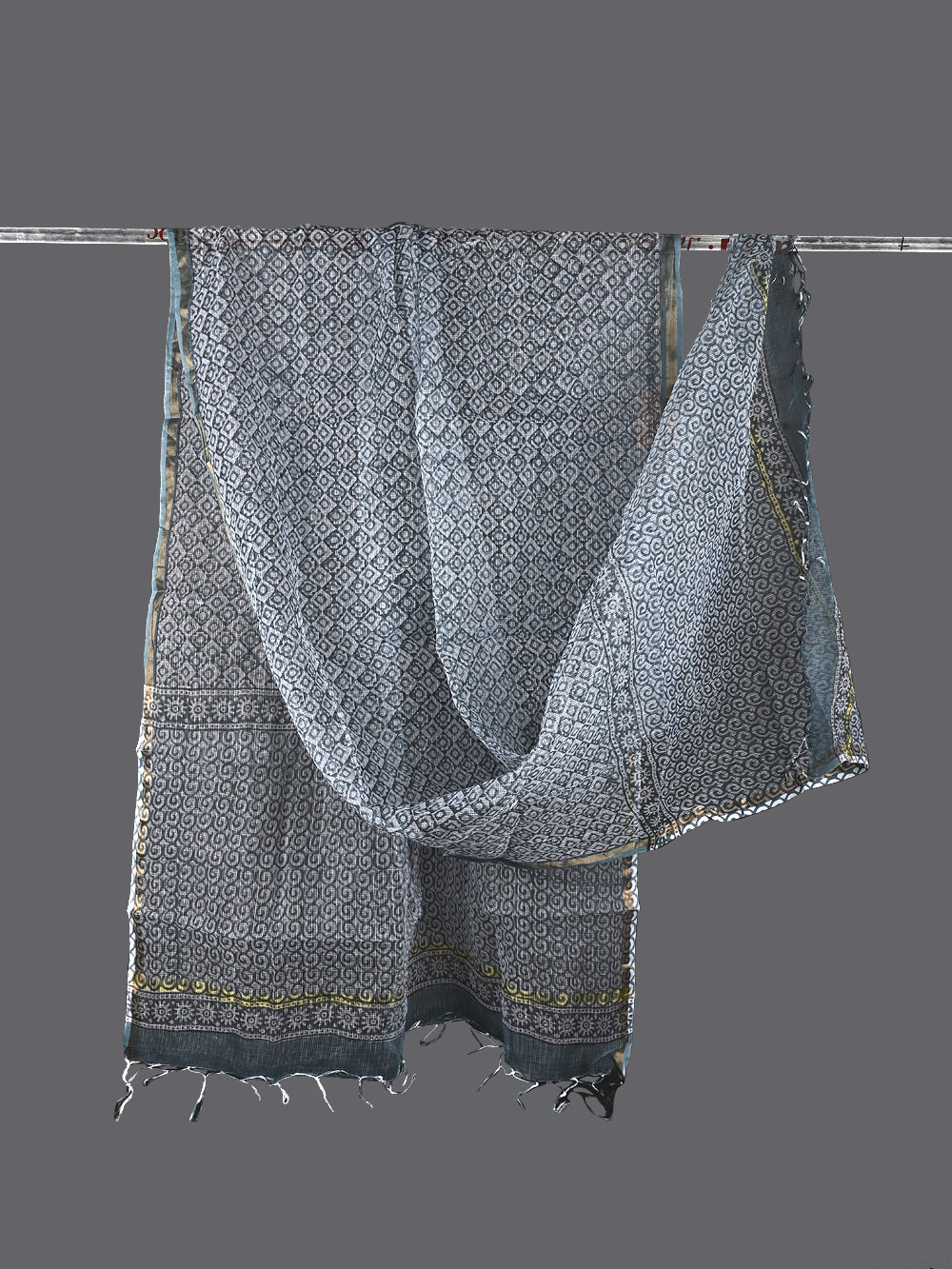 Grey Hand Block Printed Geometric Overall Jaal Kota Doria Dupatta