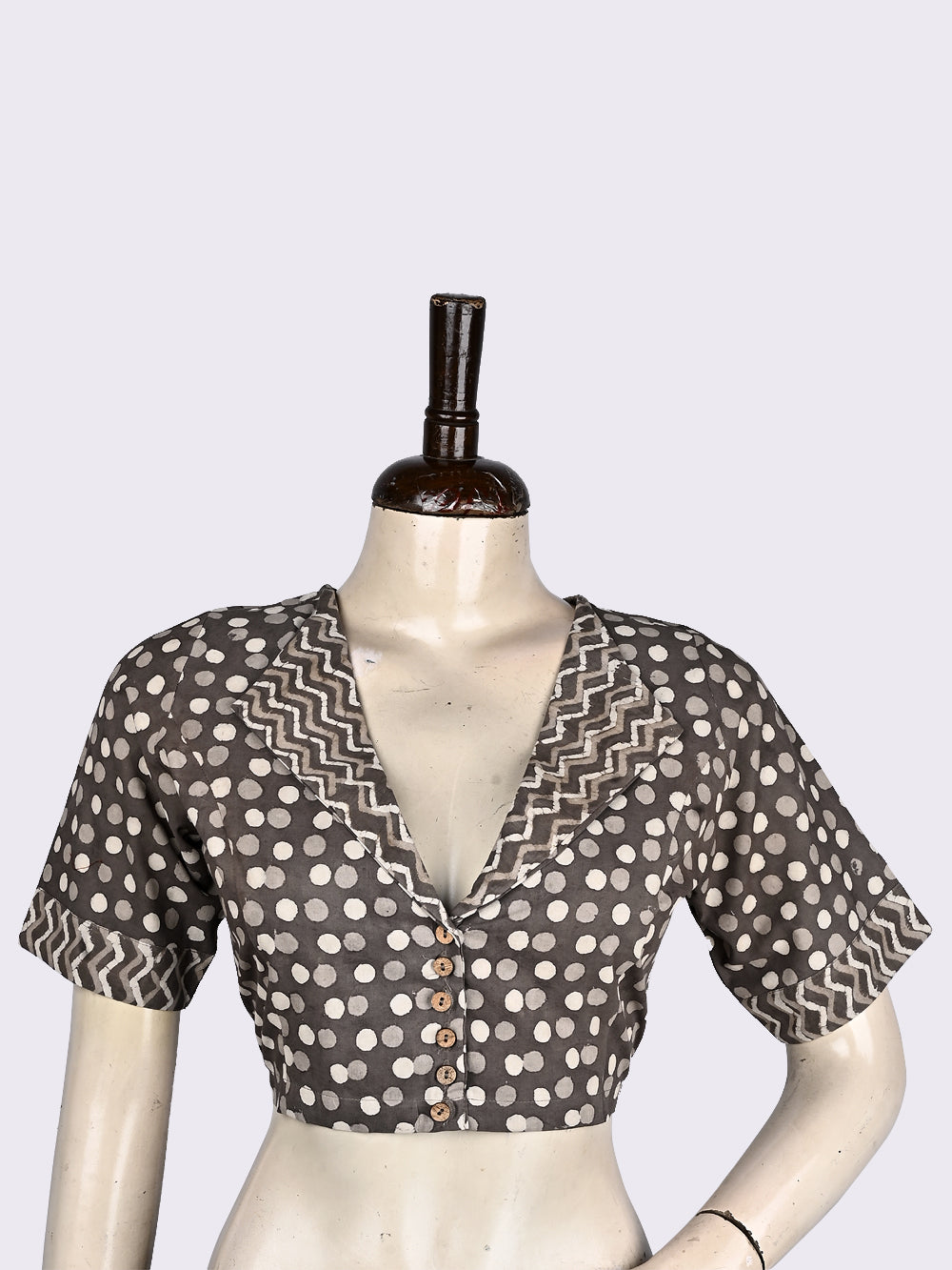 Daboo Grey Polka Print Overlap Collar Hand Block Printed Cotton Blouse