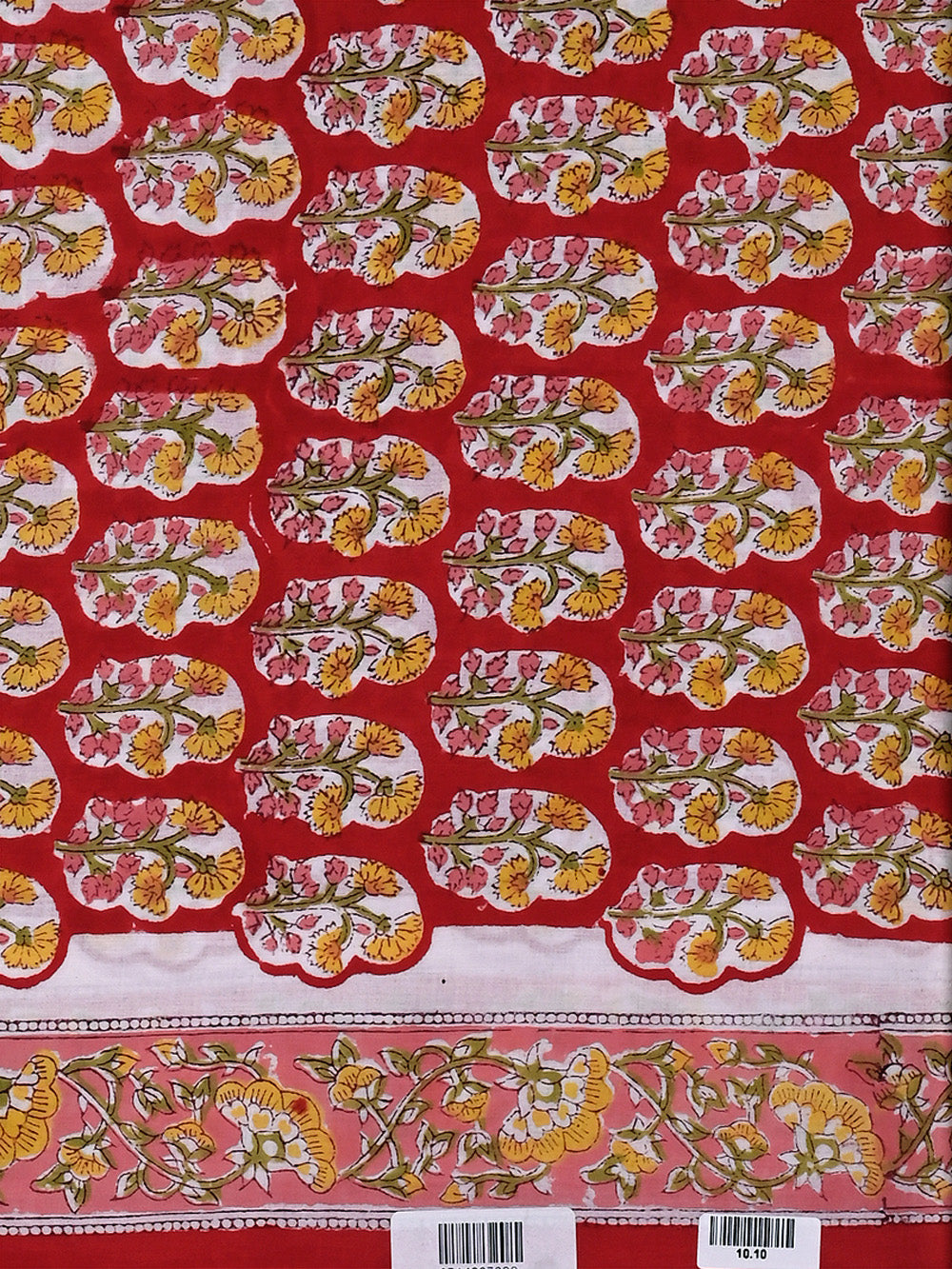 Red Mini Flower Plant Motif with Border Cotton Cambric Sanganeri Rapid ...